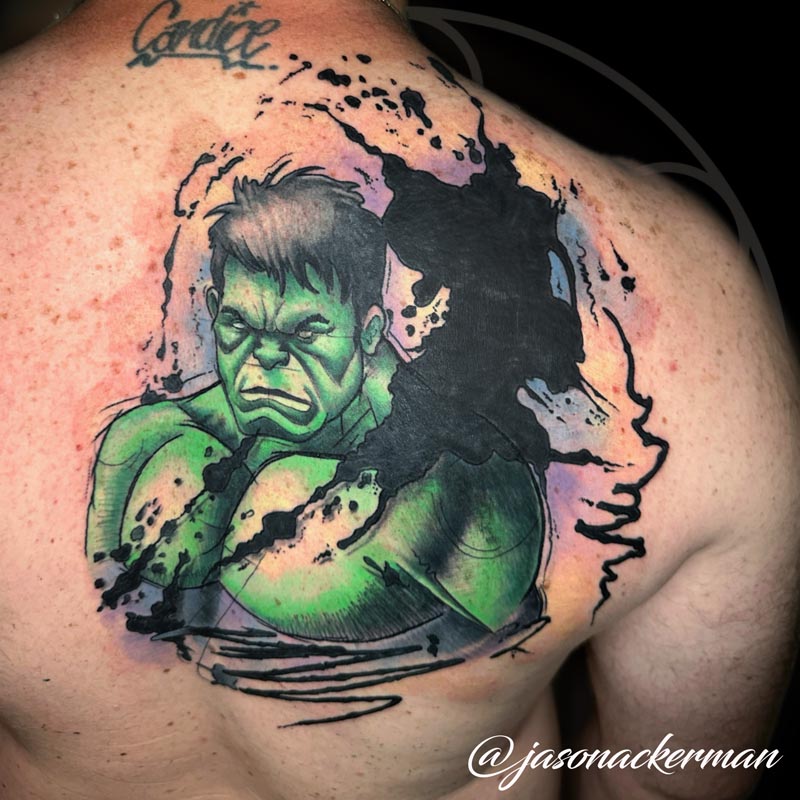 Coverup, Superheroes and Villains, Color, Watercolor, Sketchy tattoo by Jason Ackerman